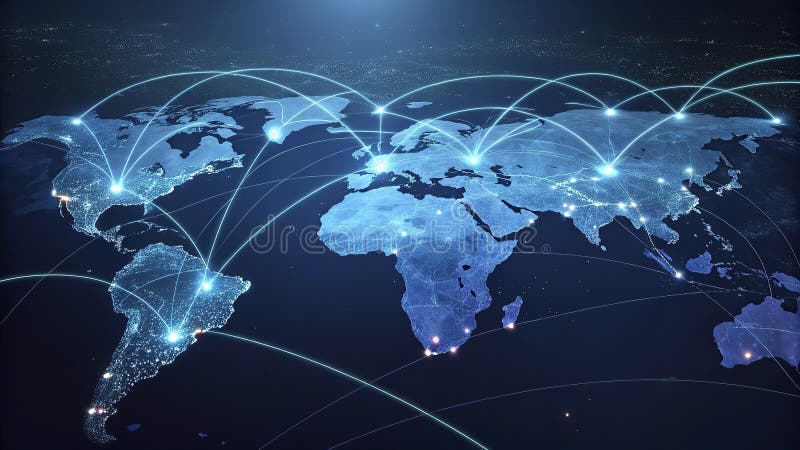 Abstract Digital World Map with Connection Lines on Dark Blue ...