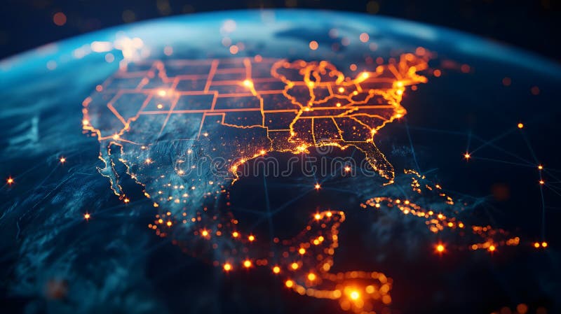 Abstract Digital World Map, Globe, Focus on USA, America, Concept of ...