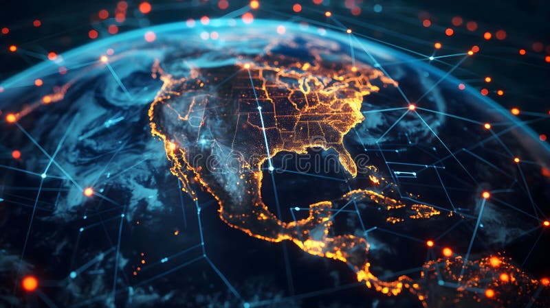 Abstract Digital World Map, Globe, Focus on USA, America, Concept of ...