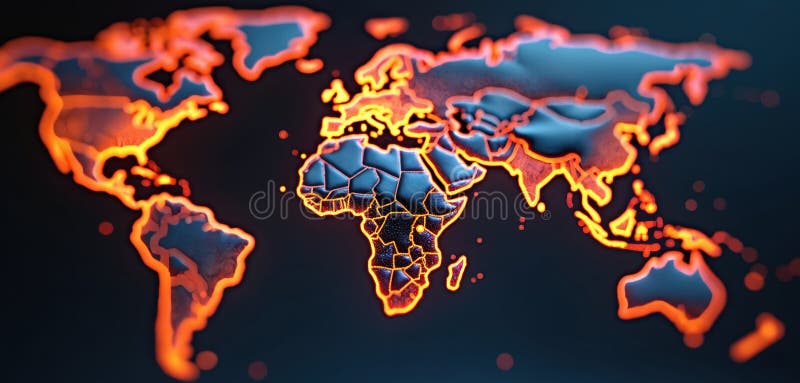 Abstract Digital World Map Visualization with Glowing Orange Data ...