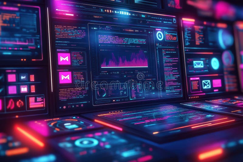 Abstract Display of Web Design Concept. Screens Show Various Coding Elements Graphical Tools ...