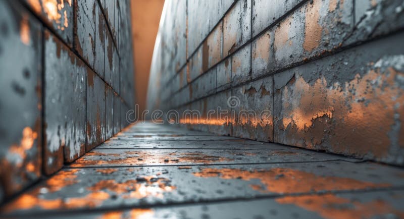 Abstract, Distorted Perspective of a Dilapidated Alleyway with Corroded ...