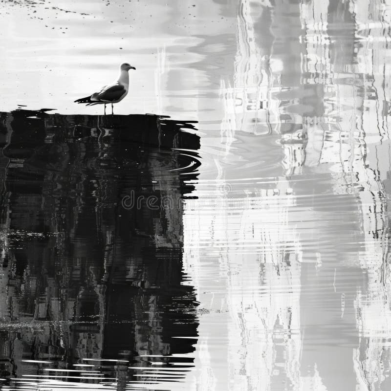 The Abstract and Distorted Reflection of a Lone Seagull Perched on a ...
