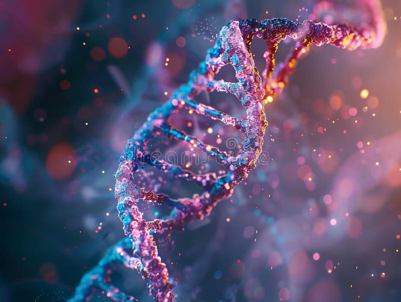 Abstract DNA Helix with Digital Elements, Glowing Particles, and ...