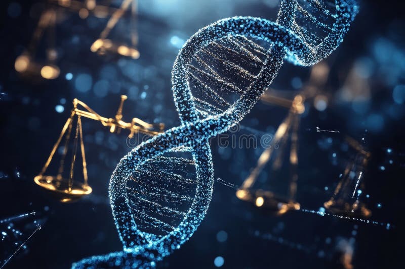 Abstract DNA Helix with Justice Scales in Digital Background Stock Photo - Image of biomedical ...
