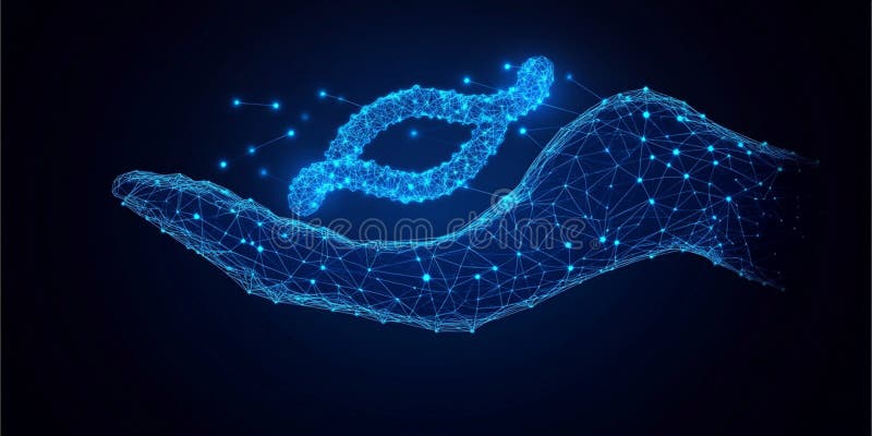 Abstract DNA Strand in Hand Digital Art Blue Network Technology Code ...
