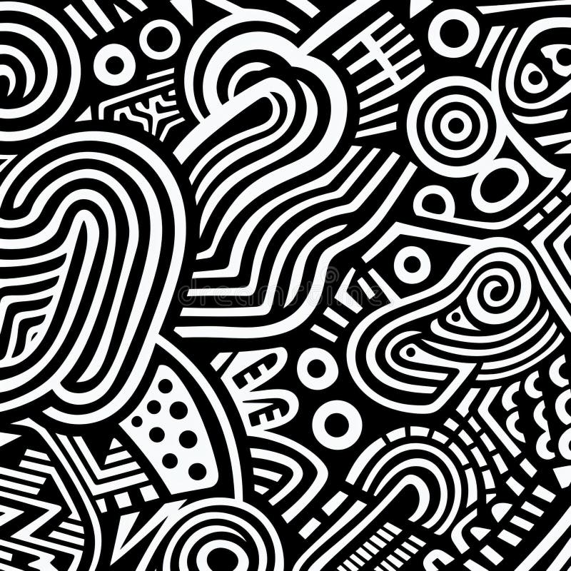 Abstract Doodle on Black Background: Bold Linework, Mono-ha, Ibo Art ...