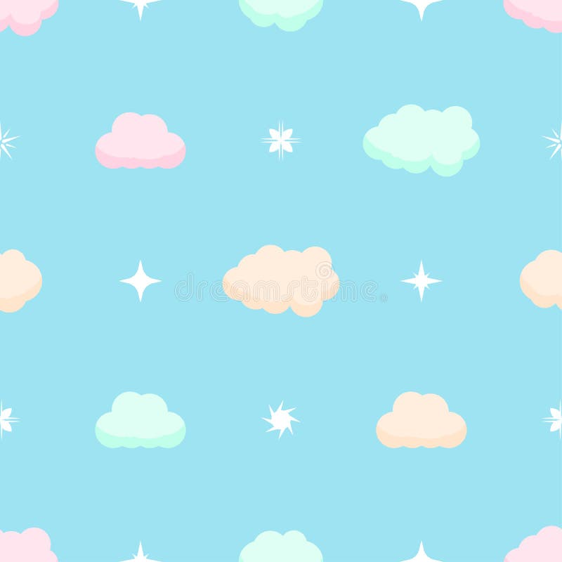 Abstract Doodle Seamless Pattern Clouds with Flowers Nature Sky Fabric ...