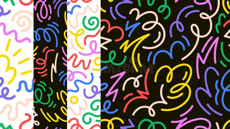 Abstract Doodle Seamless Patterns Bundle. Creative Squiggle Color Lines ...