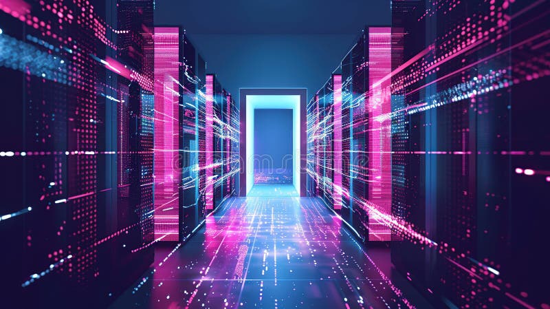 Futuristic Server Room with Neon Lights Stock Illustration ...