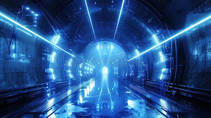 Futuristic Blue Tunnel with Glowing Lights Stock Illustration ...
