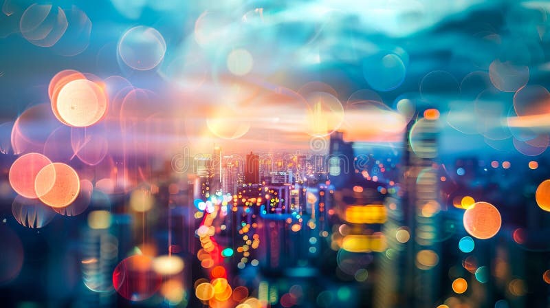 Abstract Double Exposure of Blurred City Downtown Construction with Circular Light Background ...