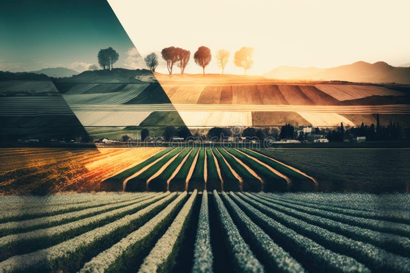 Abstract Double Exposure of Rows of Crops and the Natural Landscape ...