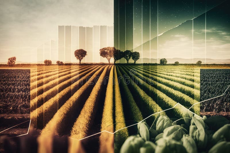 Abstract Double Exposure of Rows of Crops and the Natural Landscape ...