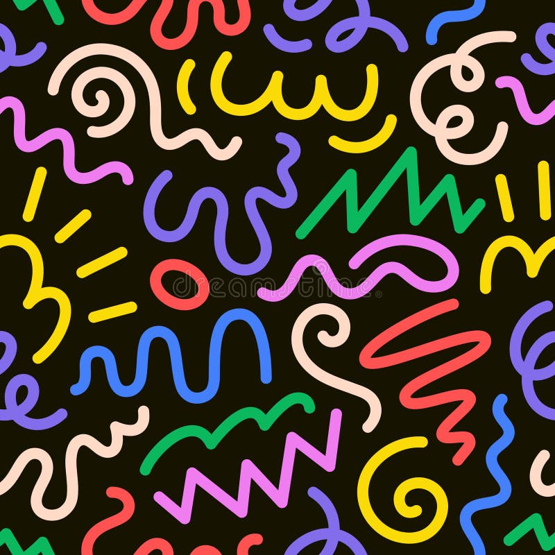 Abstract Drawing Doodle Seamless Pattern. Creative Squiggle Color Lines ...