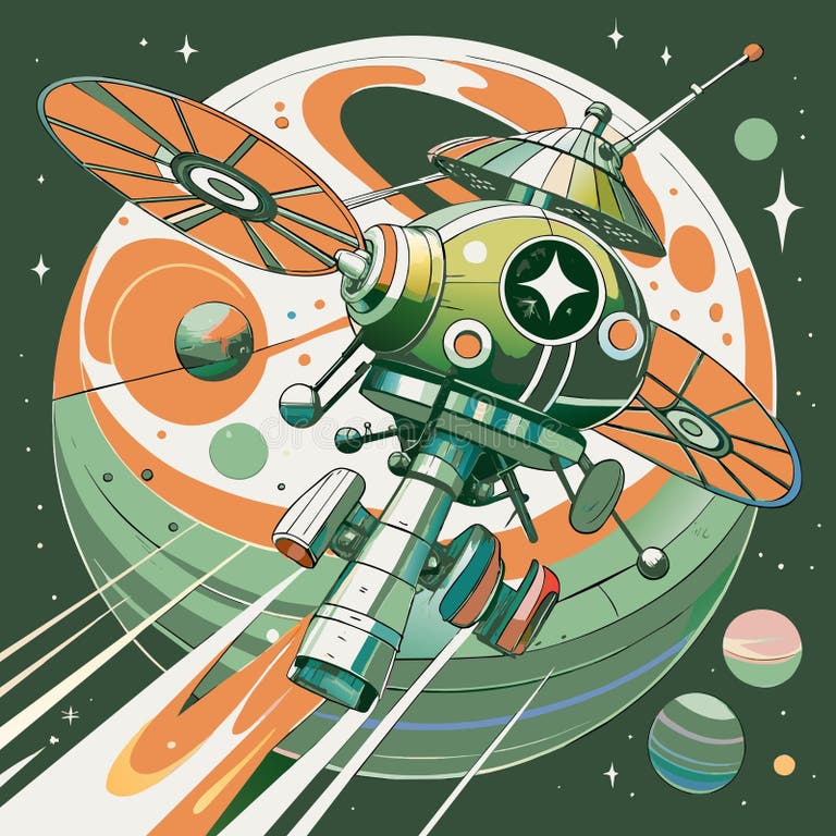 Abstract Drawing with a Space Probe with Solar Panels Flying Past the ...