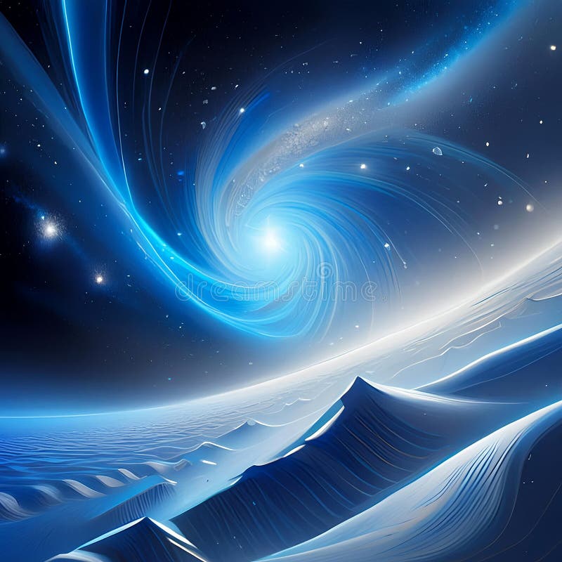 Abstract Drawing of Spiraling Blue Light in the Sky Over a Space Desert ...