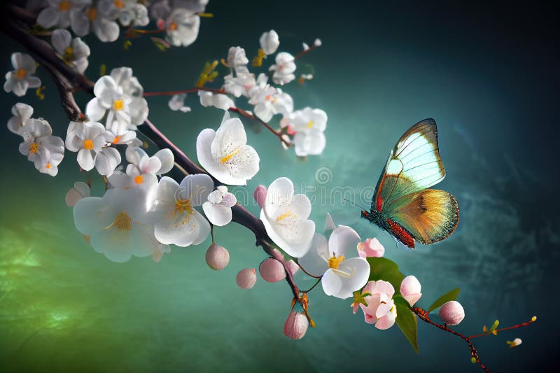 Abstract Drawing of Spring Branches of Cherry Blossoms on a Light Green ...