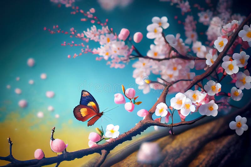 Abstract Drawing of Spring Branches of Cherry Blossoms on a Light Green ...