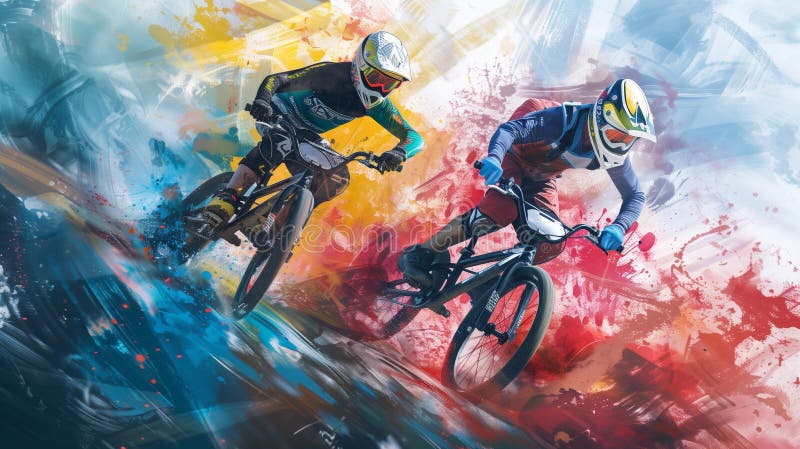 Abstract Drawing of Two Cyclists Participating in a BMX Competition ...