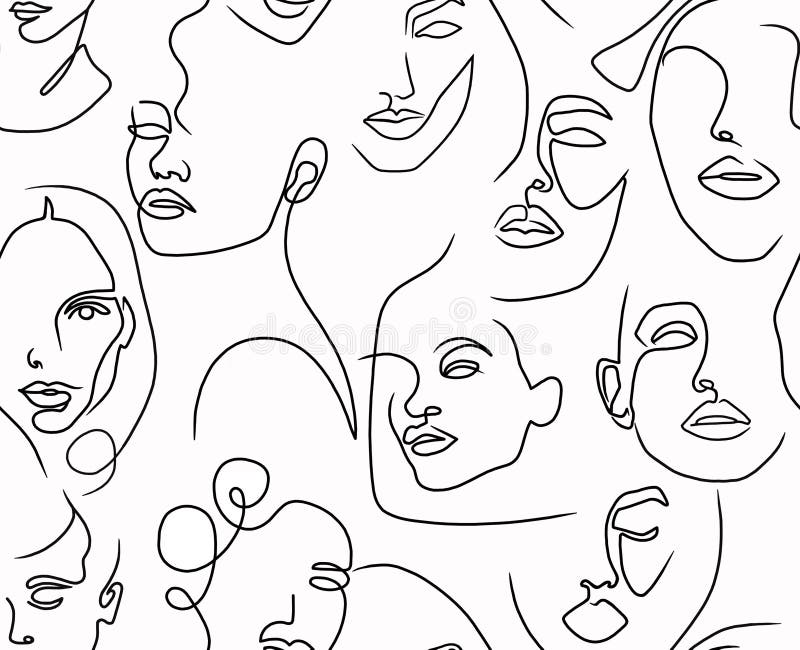 Abstract Drawing of Women`s Faces with Black Lines on a Green ...