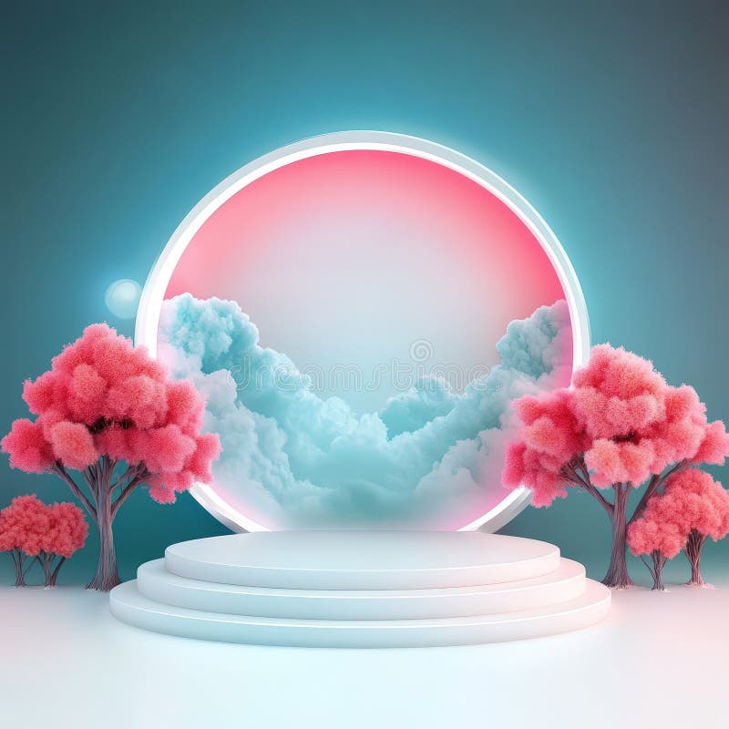Abstract Dreamy Stage with Neon Circle and Pink Trees. Stock ...