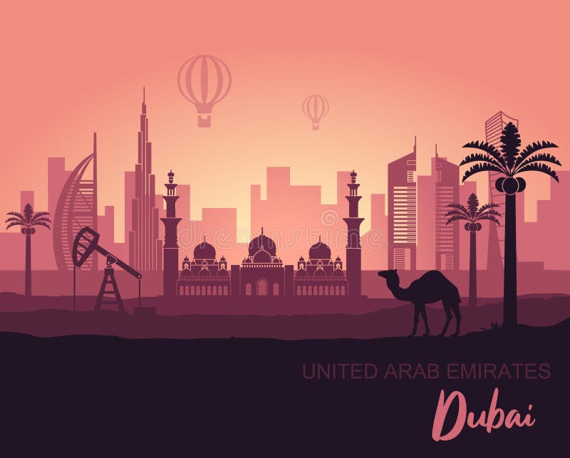Abstract Dubai City Landscape with Sunset Background Stock Vector ...