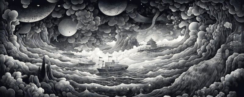 Surreal Fantasy World Line Art Design Composition Stock Illustration ...