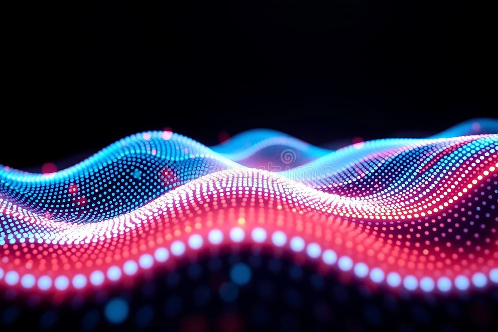 Abstract Dynamic Wave Pattern of Glowing Red and Blue Dots Data Flow Visualization on Black ...