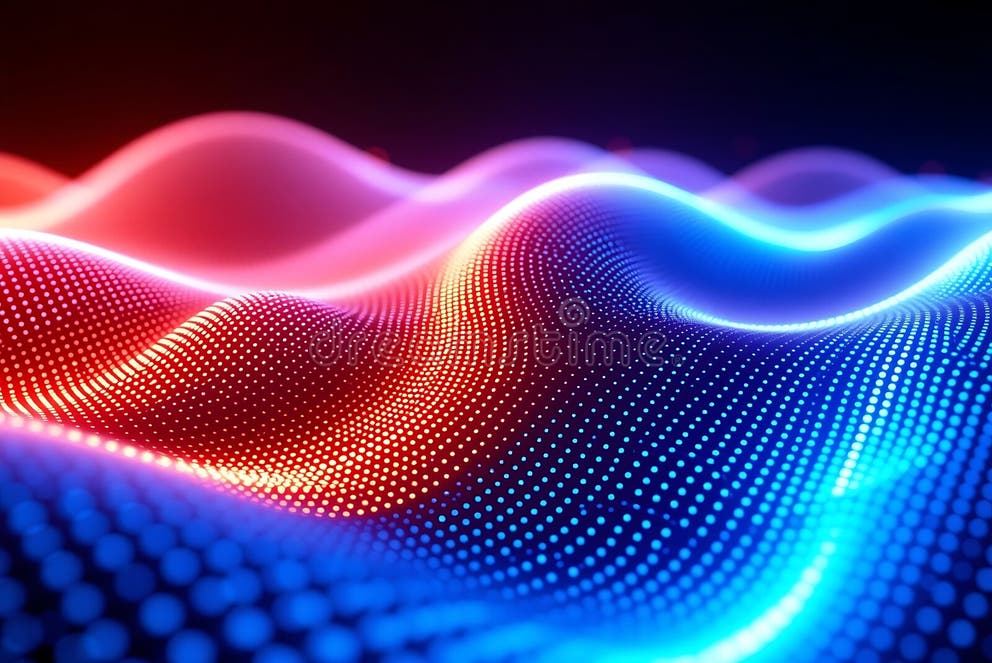 Abstract Dynamic Wave Pattern of Glowing Red and Blue Dots Data Flow Visualization on Black ...