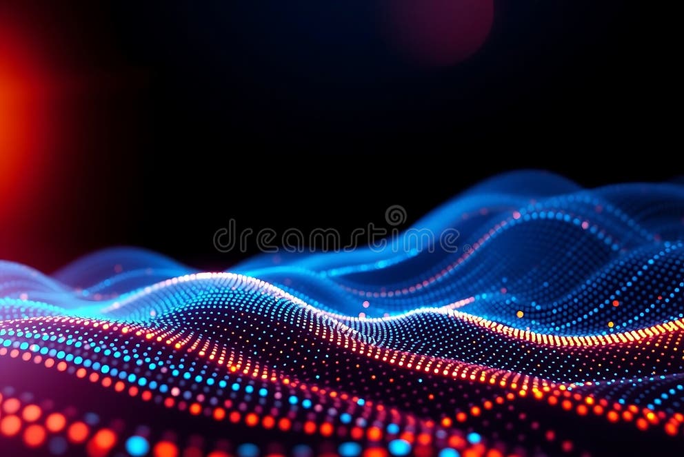 Abstract Dynamic Wave Pattern of Glowing Red and Blue Dots Data Flow Visualization on Black ...