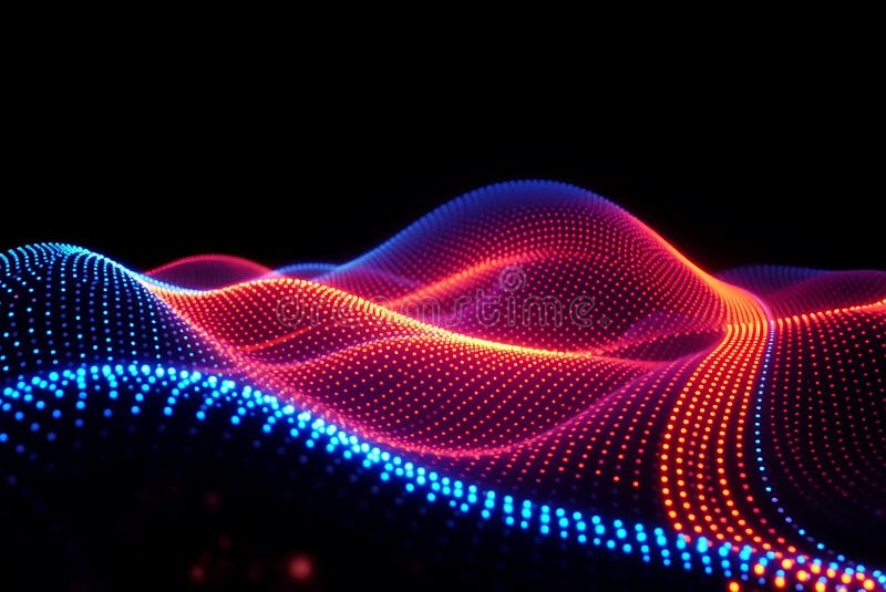 Abstract Dynamic Wave Pattern of Glowing Red and Blue Dots Data Flow Visualization on Black ...