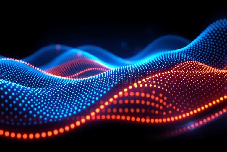 Abstract Dynamic Wave Pattern of Glowing Red and Blue Dots Data Flow Visualization on Black ...