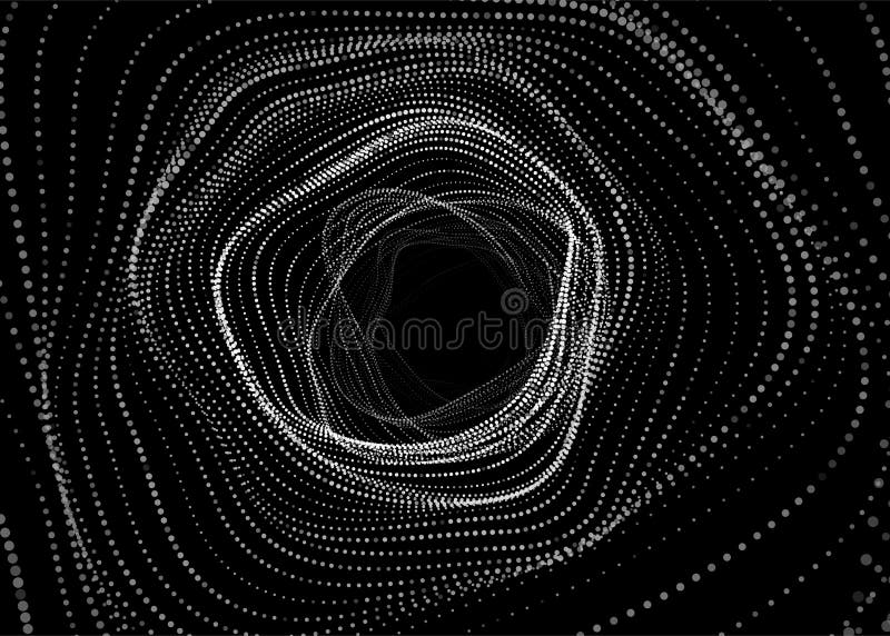 Abstract Dynamic Wireframe Tunnel on Black Background. Deep Wave Wormhole. Futuristic Particle ...