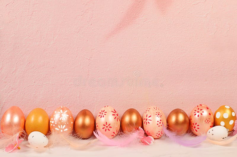 Abstract Easter Composition with Pink and Gold Decorated Eggs, Feathers ...