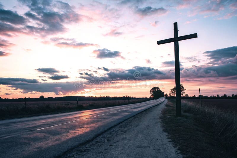 Abstract Easter Cross on Road at Sunset Stock Illustration ...