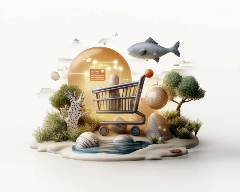 Abstract E-commerce Scene with Shopping Cart in a Calm Landscape ...