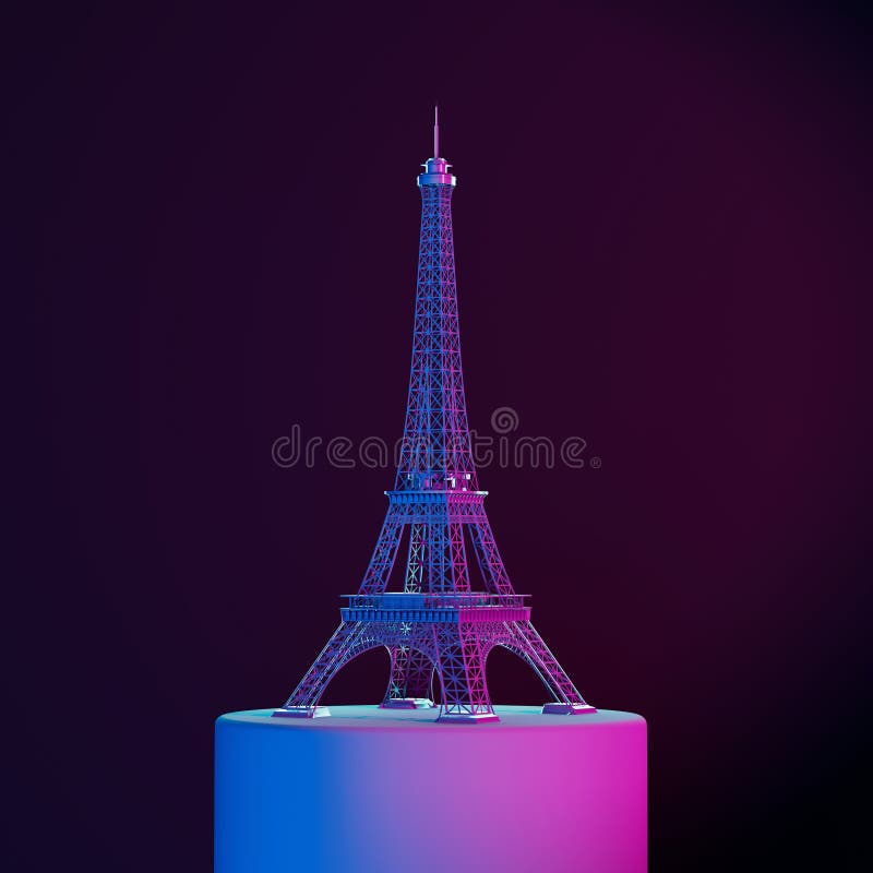 Abstract Eiffel Tower Building on a Pedestal in Neon Light. 3d ...
