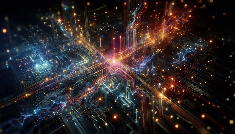 Abstract Electrical Circuit Background with Bright Lights Stock ...