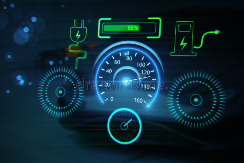 Abstract Electronic Car Dashboard Interface Hologram on Blurry Blue ...