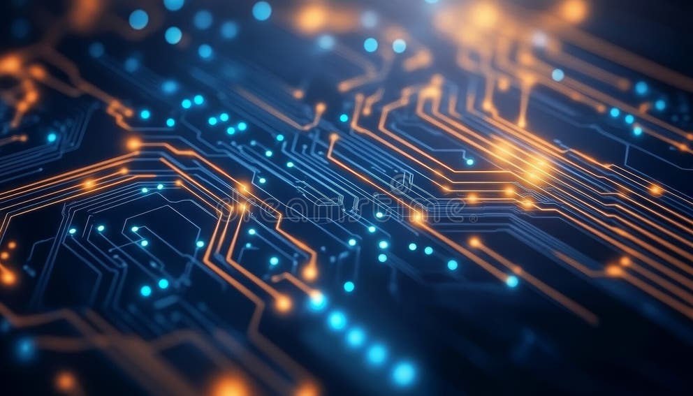 Abstract Electronic Circuitry Glowing Orange and Blue Paths, Detailed ...