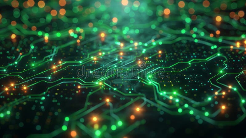Abstract Electronic Network with Bright Green and Orange Lights ...