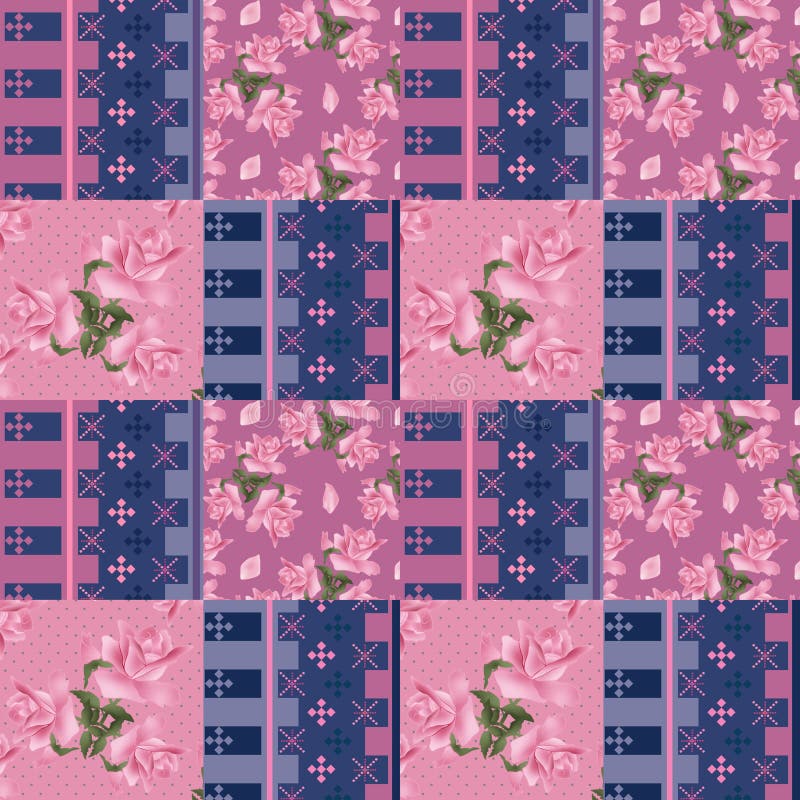 Abstract Elegance Seamless Patchwork Pattern with Rose Flowers B Stock ...