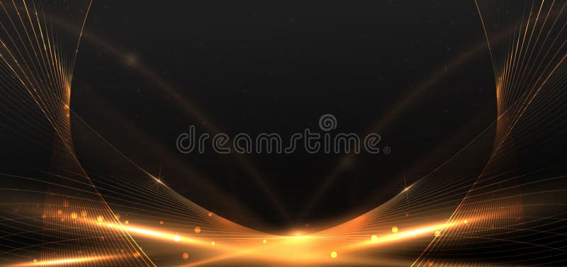 Abstract Elegant Wavy Gold Lines on Black Background with Gold Lighting ...