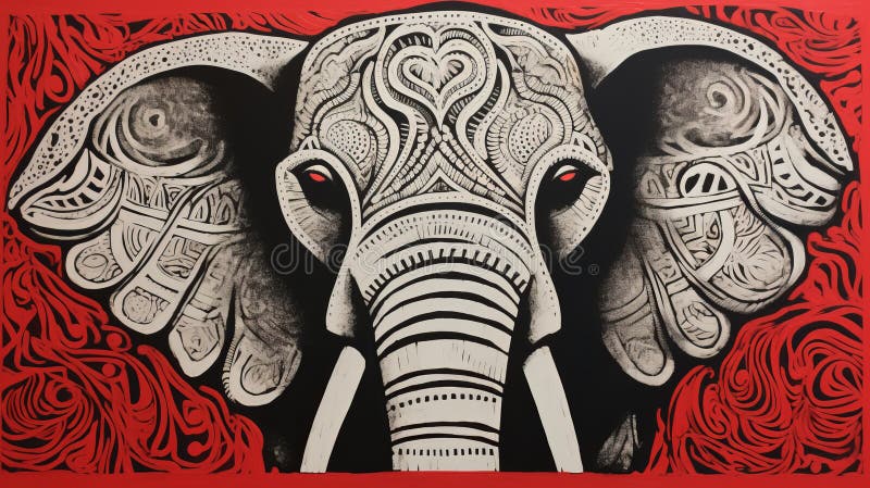 Abstract Elephant Lino Print on Red Background Stock Illustration ...