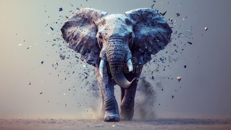 Abstract Elephant Shattering into Geometric Pieces Symbolizing Power ...