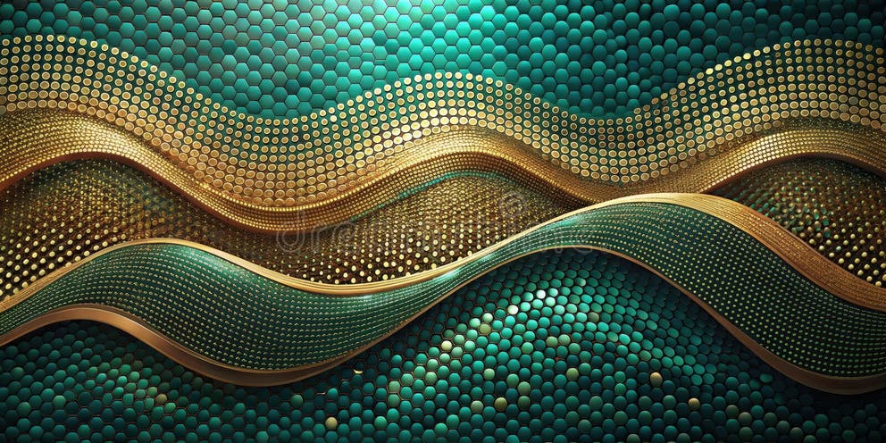 Abstract Emerald and Gold Wave Pattern Design with Hexagonal Background ...