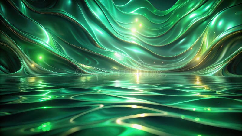 Abstract Emerald Liquid Landscape with Glowing Lights and Reflective ...