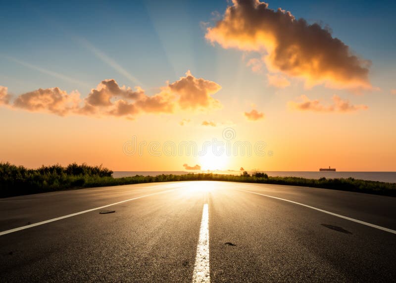 Abstract Empty Asphalt Road at Night Sunset or Sunrise with Lights ...