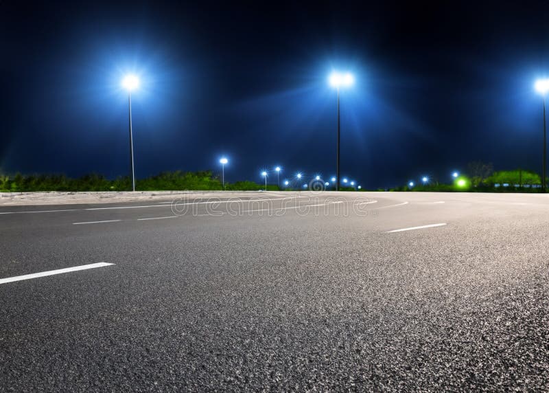 Abstract Empty Asphalt Road at Night Sunset or Sunrise with Lights ...